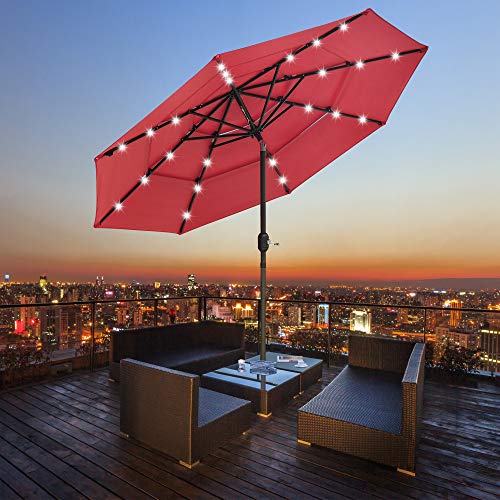 Yescom 9ft 3 Tier UV70+ Solar Powered Patio Umbrella with LED Crank Tilt Button Aluminum Outdoor Home Garden Yard Deck