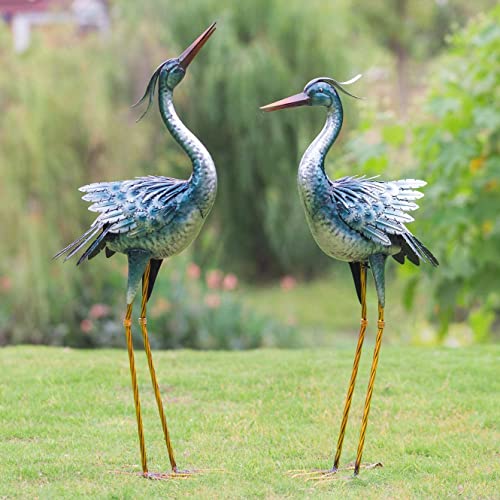 chisheen Large Garden Crane Statues Outdoor Sculptures, Metal Yard Art Heron Statues Standing for Indoor Outdoor Decor, Bird Statues for Patio Lawn Porch Decorations, Set of 2