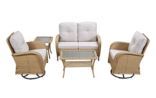 HUMMUH 5-Piece Patio Furniture Wicker Outdoor Conversation Set,All-Weather Rattan Swivel Chairs Bistro Set with Loveseat Coffee Table for Backyard,Poolside,Deck (Yellow/Beige)