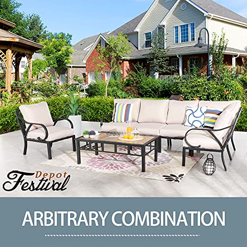 Festival Depot Patio Coffee Table Rectangle Metal Table with Wood Grain Tabletop All-Weather Outdoor Furniture for Deck Poolside Garden (25.2" x 46.5" x 18.3")