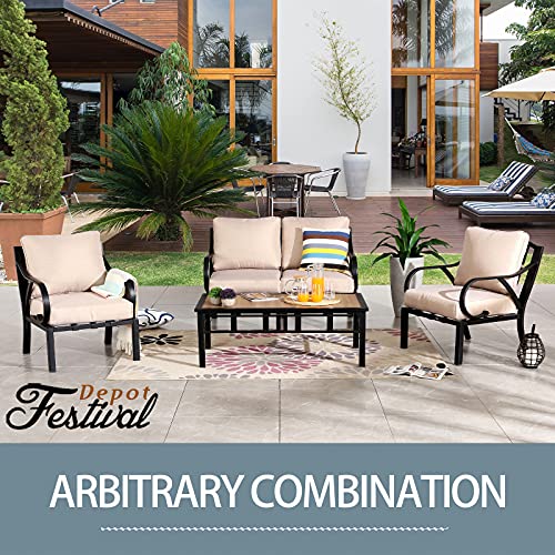 Festival Depot Patio Coffee Table Rectangle Metal Table with Wood Grain Tabletop All-Weather Outdoor Furniture for Deck Poolside Garden (25.2" x 46.5" x 18.3")