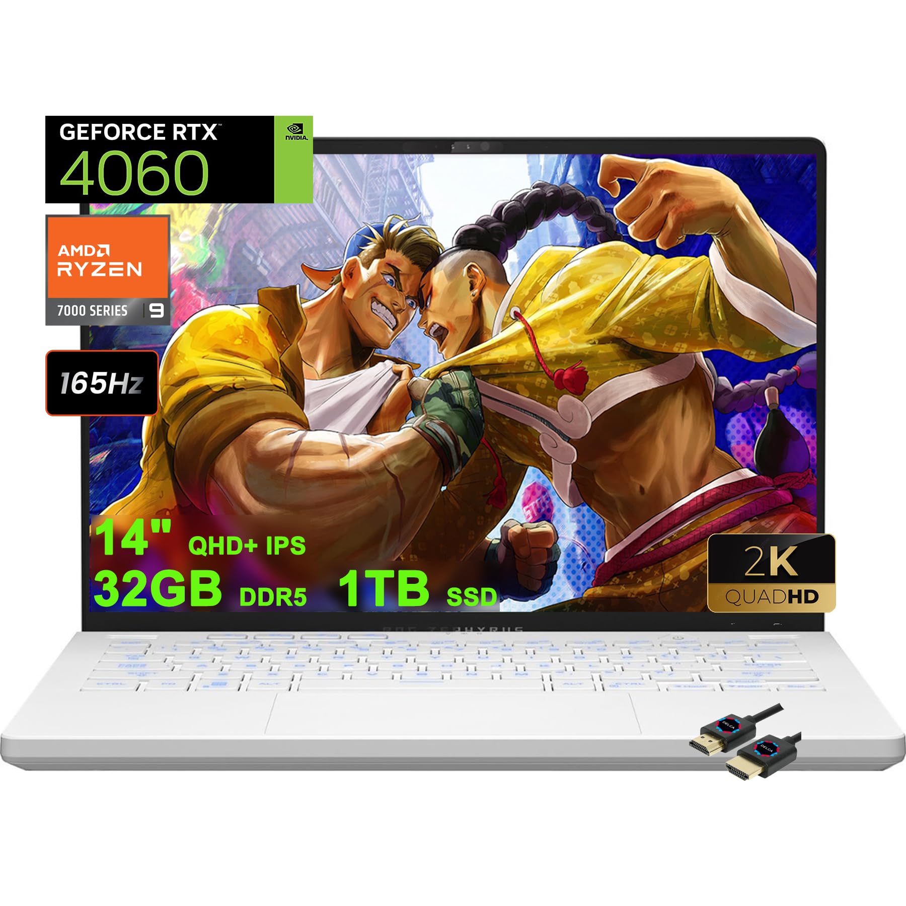 ASUS ROG Zephyrus G14 Gaming Laptop | 14" QHD+ 165Hz 500nits | AMD 8-Core Zen4 Ryzen 9 7940HS (>i9-12900H) | 32GB DDR5 1TB SSD | GeForce RTX 4060 8GB | Backlit Fast Charging Win11 White + HDMI Cable