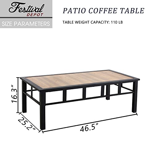 Festival Depot Patio Coffee Table Rectangle Metal Table with Wood Grain Tabletop All-Weather Outdoor Furniture for Deck Poolside Garden (25.2" x 46.5" x 18.3")