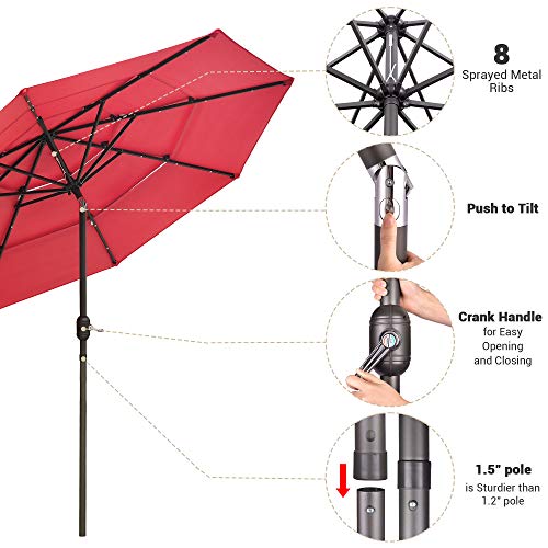 Yescom 9ft 3 Tier UV70+ Solar Powered Patio Umbrella with LED Crank Tilt Button Aluminum Outdoor Home Garden Yard Deck