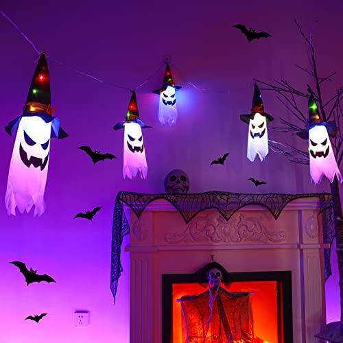 BVPKTO Halloween Decorations, 5-Pack LED Lantern String Lights, Wizard Hat Ghost Hanging Lights, Spooky Atmosphere Halloween Party Decorations for Indoor Porches or Patio Gardens (Ghost)