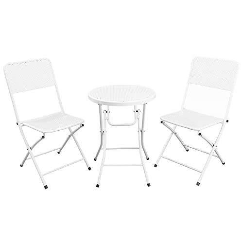 3-Piece Patio Bistro Dining Furniture Set, 2 Folding Chairs 1 Folding Table, Steel Frame, for Garden Porch Balcony (Color : White)