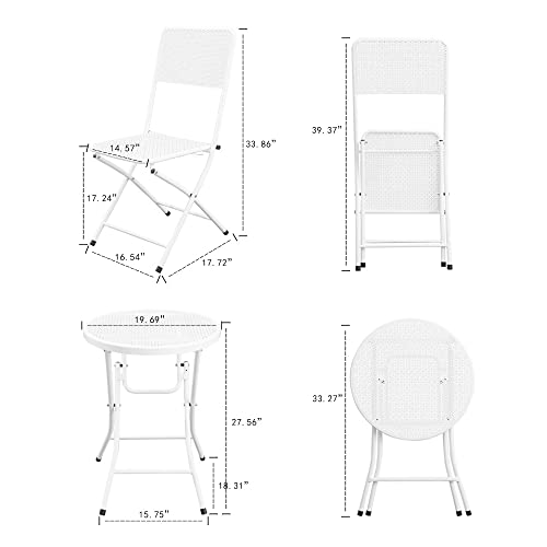 3-Piece Patio Bistro Dining Furniture Set, 2 Folding Chairs 1 Folding Table, Steel Frame, for Garden Porch Balcony (Color : White)