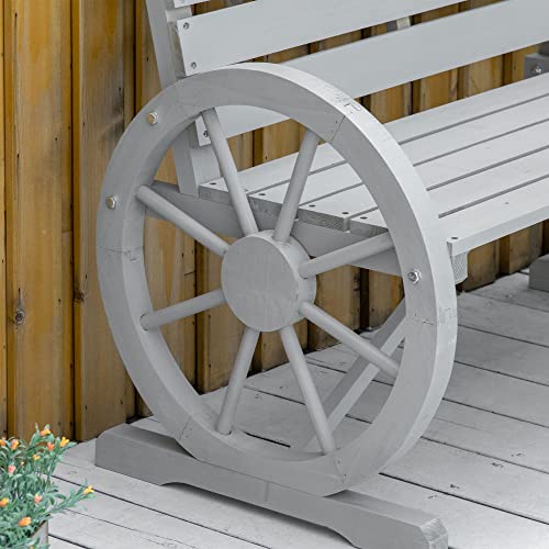 Outsunny Wooden Wagon Wheel Bench, Rustic Outdoor Patio Furniture, 2-Person Seat Bench with Backrest, Light Grey