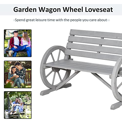 Outsunny Wooden Wagon Wheel Bench, Rustic Outdoor Patio Furniture, 2-Person Seat Bench with Backrest, Light Grey