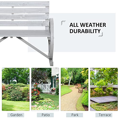 Outsunny Wooden Wagon Wheel Bench, Rustic Outdoor Patio Furniture, 2-Person Seat Bench with Backrest, Light Grey