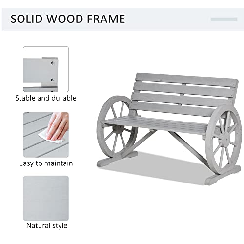 Outsunny Wooden Wagon Wheel Bench, Rustic Outdoor Patio Furniture, 2-Person Seat Bench with Backrest, Light Grey