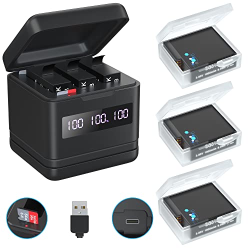 FOOAO Flip Reader Box with 3 Pack Batteries and Fast Charger for GoPro Hero 8 Hero 7 Hero 6, USB and USB-C Fast Charger with High Speed Micro SD Card Reader and Battery Power Read Function