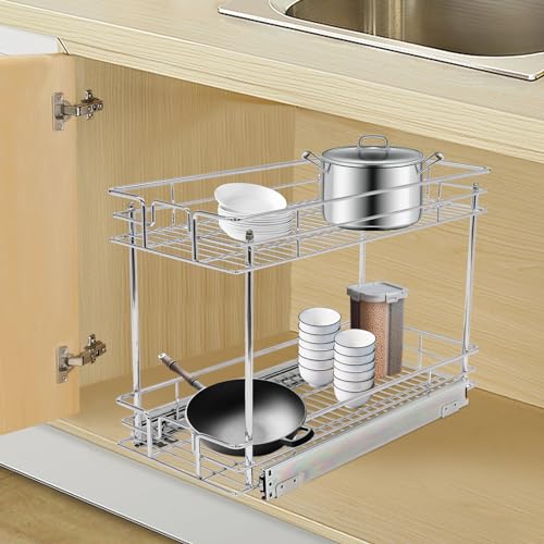 KarweuSu 2-Tier Kitchen Cabinet Pull Out Shelf and Drawer Organizer, Slide Out Pantry Storage Basket in Multiple Sizes, Pull Out Cabinet Organizer for Kitchen (Silver-10.5" W X 21.5" D)