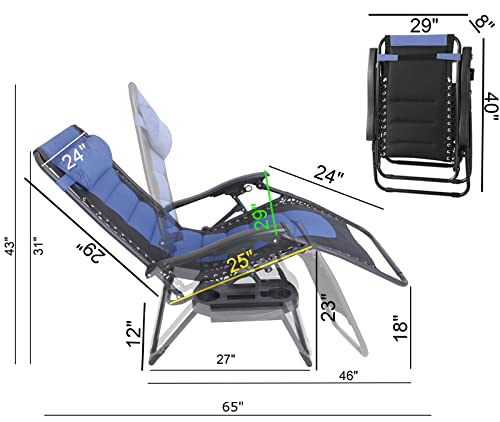 BTEXPERT Blue Black Oversized Padded Zero Gravity Chair Folding Recliner Case Lounge Outdoor Pool Patio Beach Yard Garden Utility Tray Cup Holder