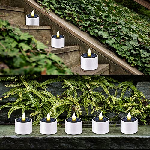 CXMYKE 8pcs Reusable Solar Tea Lights Outdoor Waterproof - Rechargeable LED Tealight Candles with Dusk to Dawn Light Sensor - Great for Lantern, Garden Camping and Home Decor, 2.3”H × 2.3”D