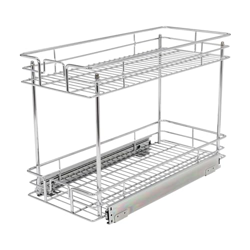 KarweuSu 2-Tier Kitchen Cabinet Pull Out Shelf and Drawer Organizer, Slide Out Pantry Storage Basket in Multiple Sizes, Pull Out Cabinet Organizer for Kitchen (Silver-10.5" W X 21.5" D)