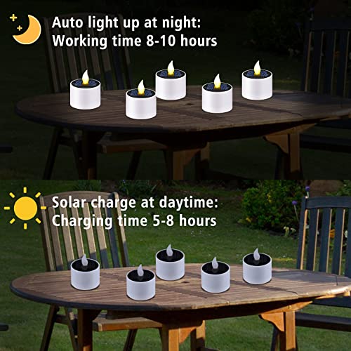 CXMYKE 8pcs Reusable Solar Tea Lights Outdoor Waterproof - Rechargeable LED Tealight Candles with Dusk to Dawn Light Sensor - Great for Lantern, Garden Camping and Home Decor, 2.3”H × 2.3”D