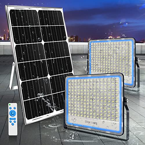 Gebosun 2-Pack 300W LED Solar Flood Light, Remote Controlled, Dusk to Dawn, 24,000Lumen, 6000K, IP67 Waterproof, Wall-Mounted & Pole-Mounted, Perfect for Barn, Warehouse, Backyard and Garden