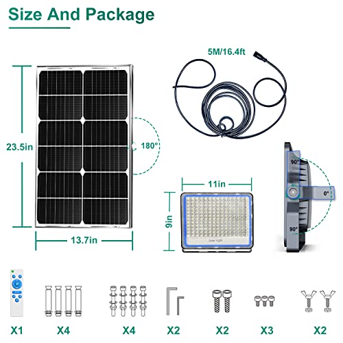 Gebosun 2-Pack 300W LED Solar Flood Light, Remote Controlled, Dusk to Dawn, 24,000Lumen, 6000K, IP67 Waterproof, Wall-Mounted & Pole-Mounted, Perfect for Barn, Warehouse, Backyard and Garden