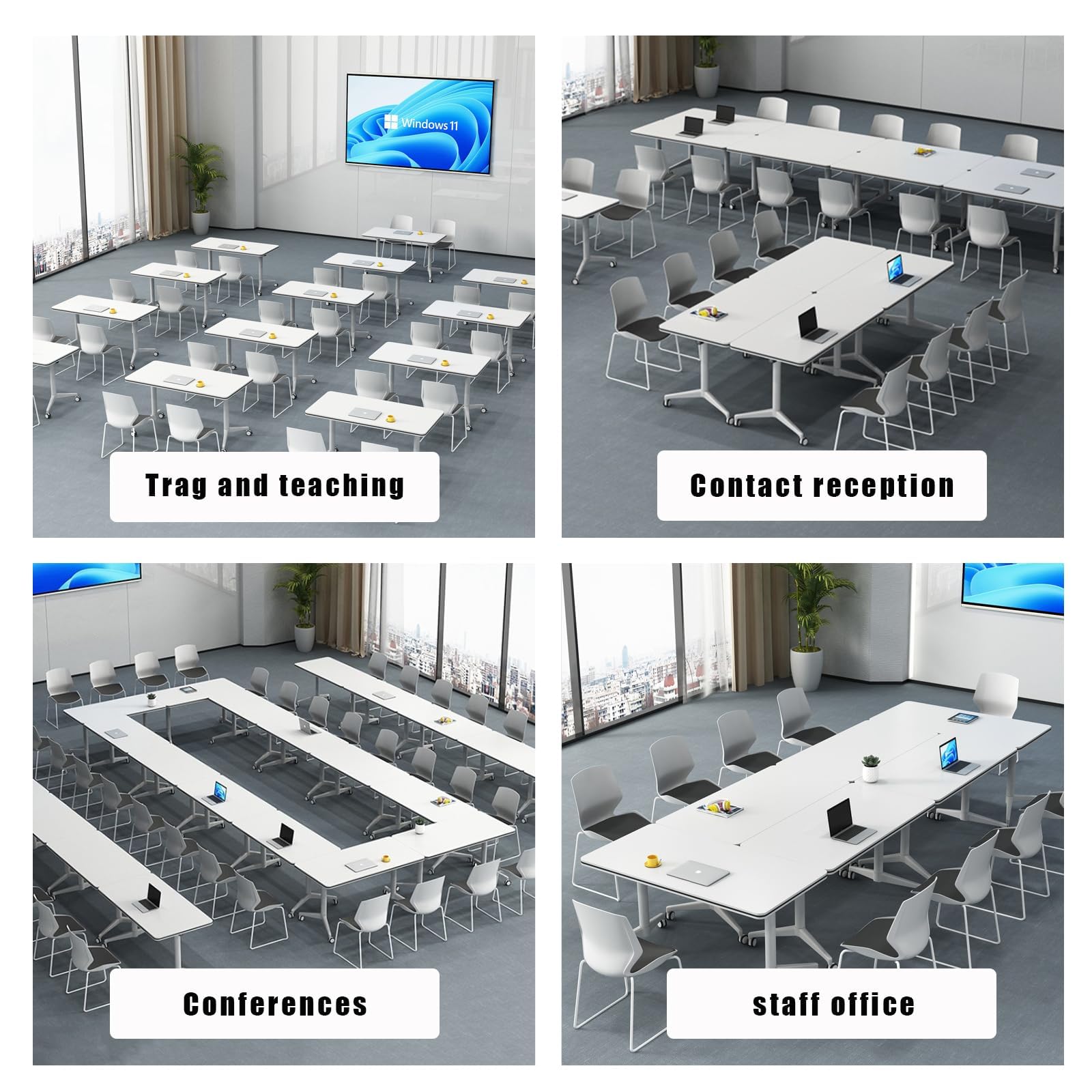 AKSOUDEW Conference Table-Easy to Move Portable White Small Conference Table-with Silent Wheels Folding Rectangle Conference Table Suitable for Office,Meeting Room,classr (4Pcs) (160 * 60 * 75cm)