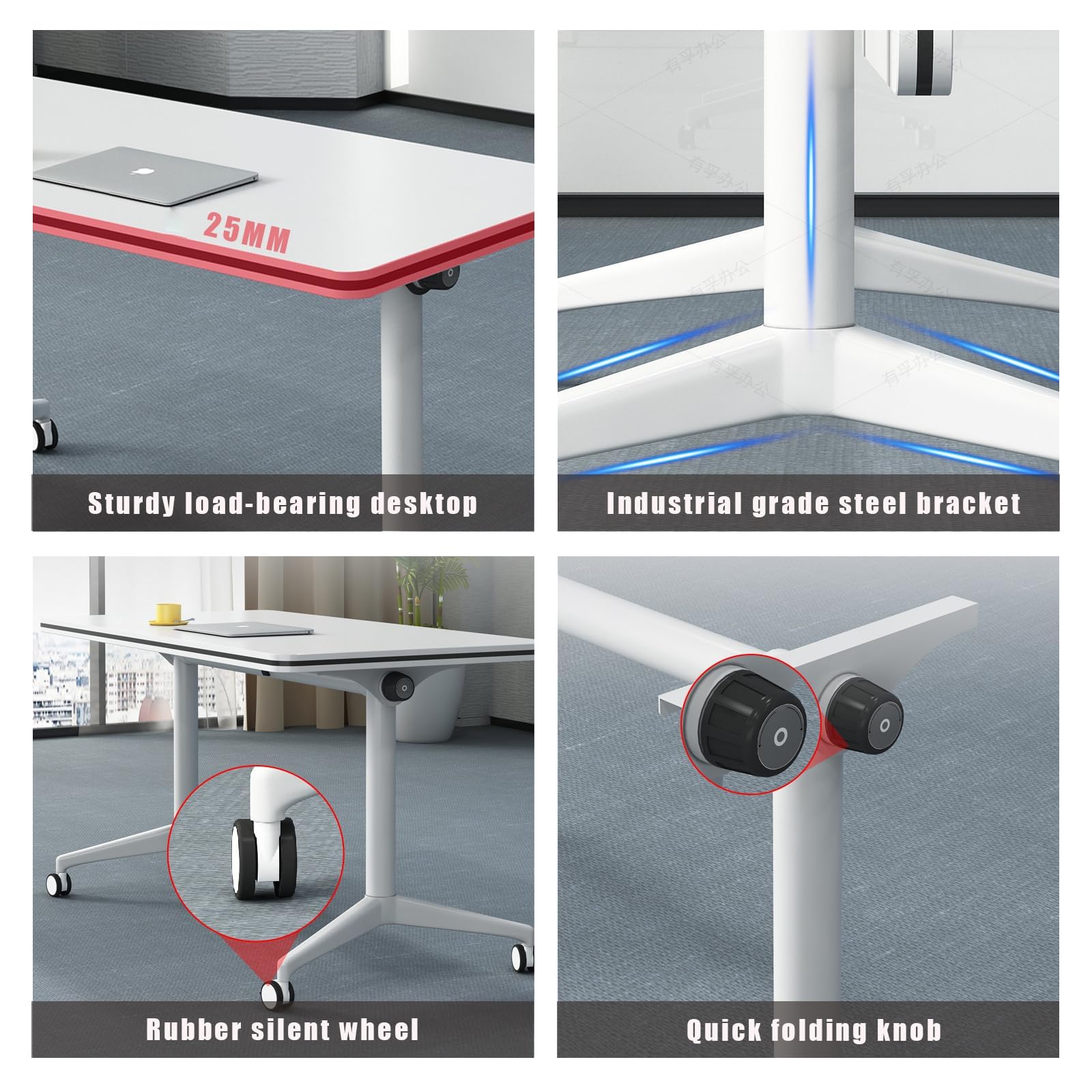 AKSOUDEW Conference Table-Easy to Move Portable White Small Conference Table-with Silent Wheels Folding Rectangle Conference Table Suitable for Office,Meeting Room,classr (4Pcs) (160 * 60 * 75cm)