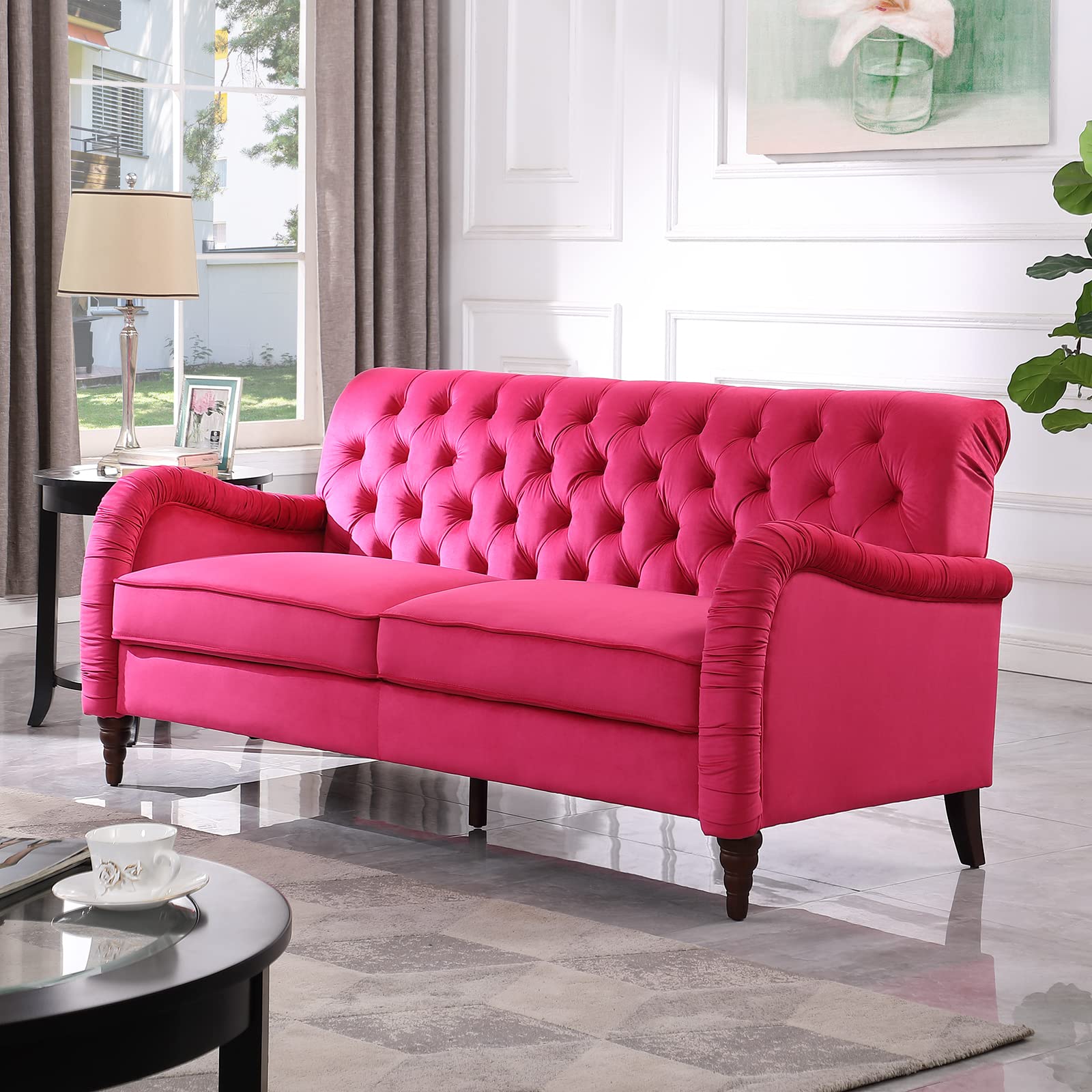 Yoglad Chesterfield-Styled 3 Seater Sofa Couch, Modern 72" Velvet Sofa with Button Tufting, Unique Arm and Wood Legs,Rose Red