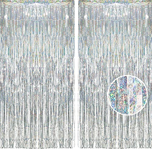 BRAVESHINE Silver Glitter Tinsel Foil Fringe Curtains - 2Pcs 3.2x8.2ft Photo Backdrop for Birthday Valentine Wedding Christmas Frozen Bridal Bachelorette Anniversary Engagement Disco Party Decorations