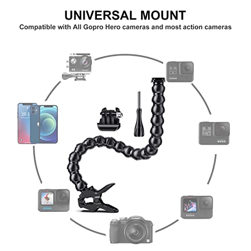 Kuptone Jaws Flex Clamp Mount with 17.8 Inch Adjustable Gooseneck for Go Pro 11,10, 9, 8, 7, 6, 5, 4, 3+, 3 Session, Max, Fusion, AKASO, DJI Osmo Action Cameras (19-Section)