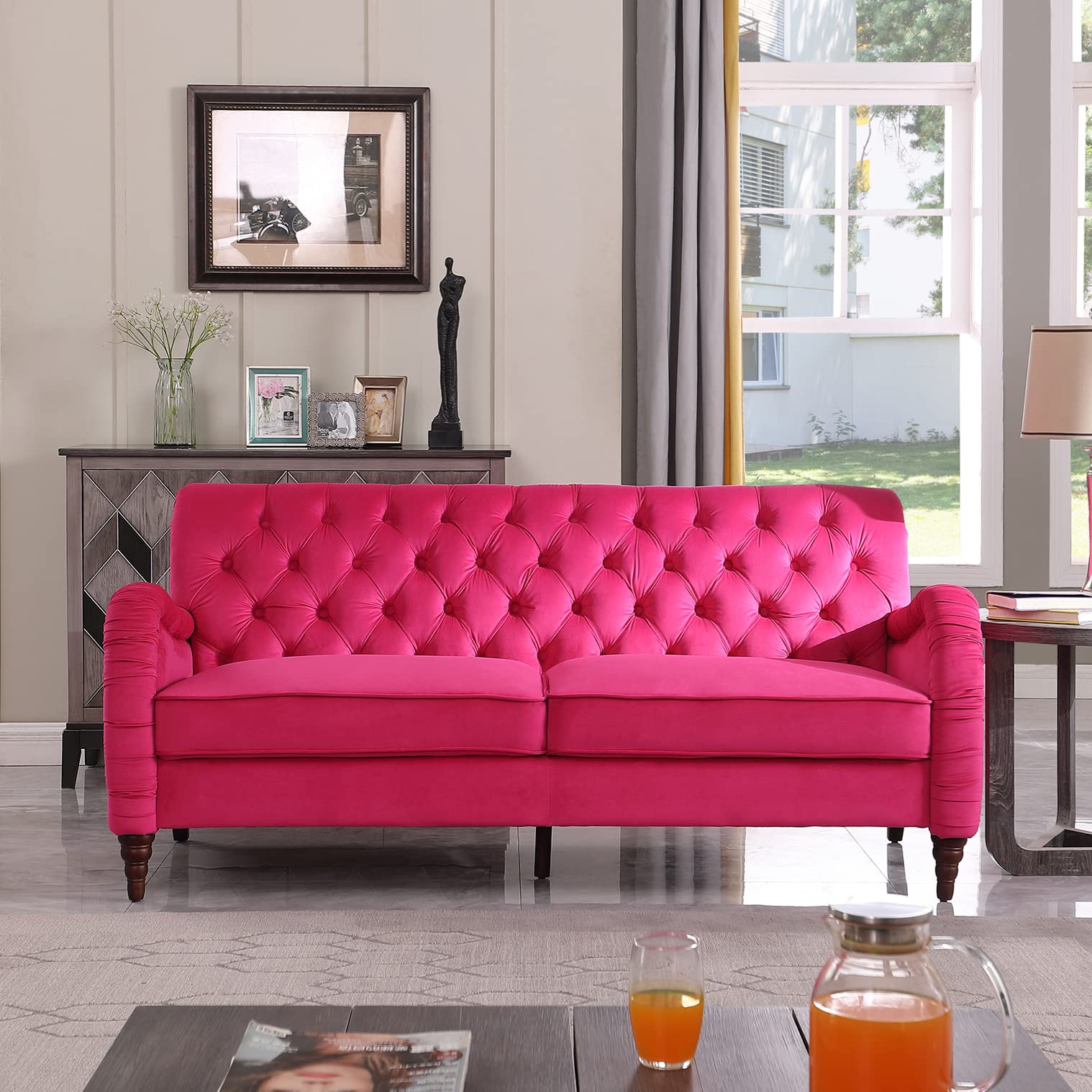 Yoglad Chesterfield-Styled 3 Seater Sofa Couch, Modern 72" Velvet Sofa with Button Tufting, Unique Arm and Wood Legs,Rose Red