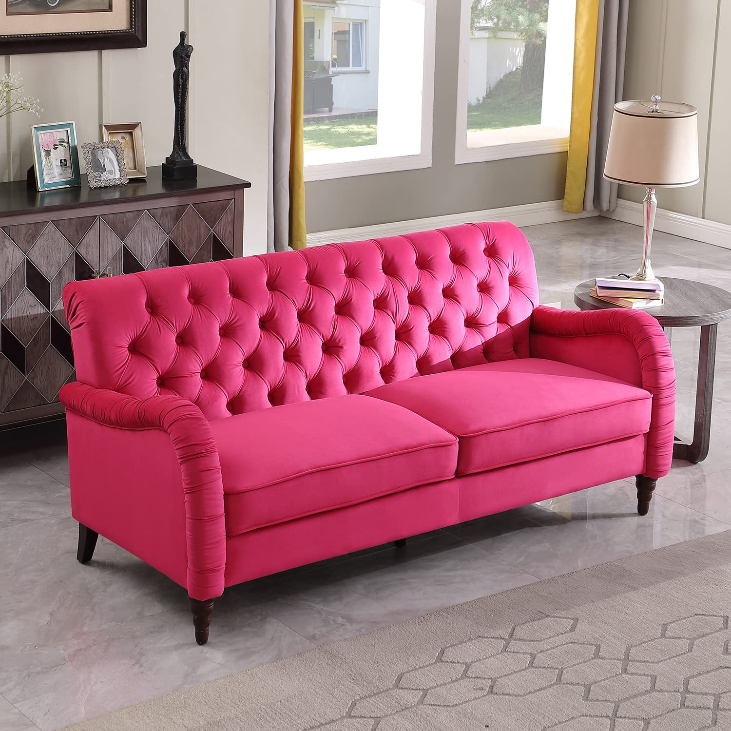 Yoglad Chesterfield-Styled 3 Seater Sofa Couch, Modern 72" Velvet Sofa with Button Tufting, Unique Arm and Wood Legs,Rose Red