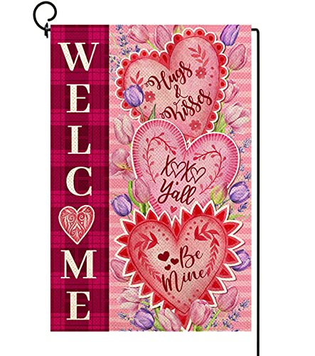 Baccessor Valentine's Day Welcome Garden Flag Double Sided Tulips Hugs Kisses Be Mine Love Heart Burlap Flag 12.5x18 inch Spring Seasonal Holiday Yard Outdoor Decoration