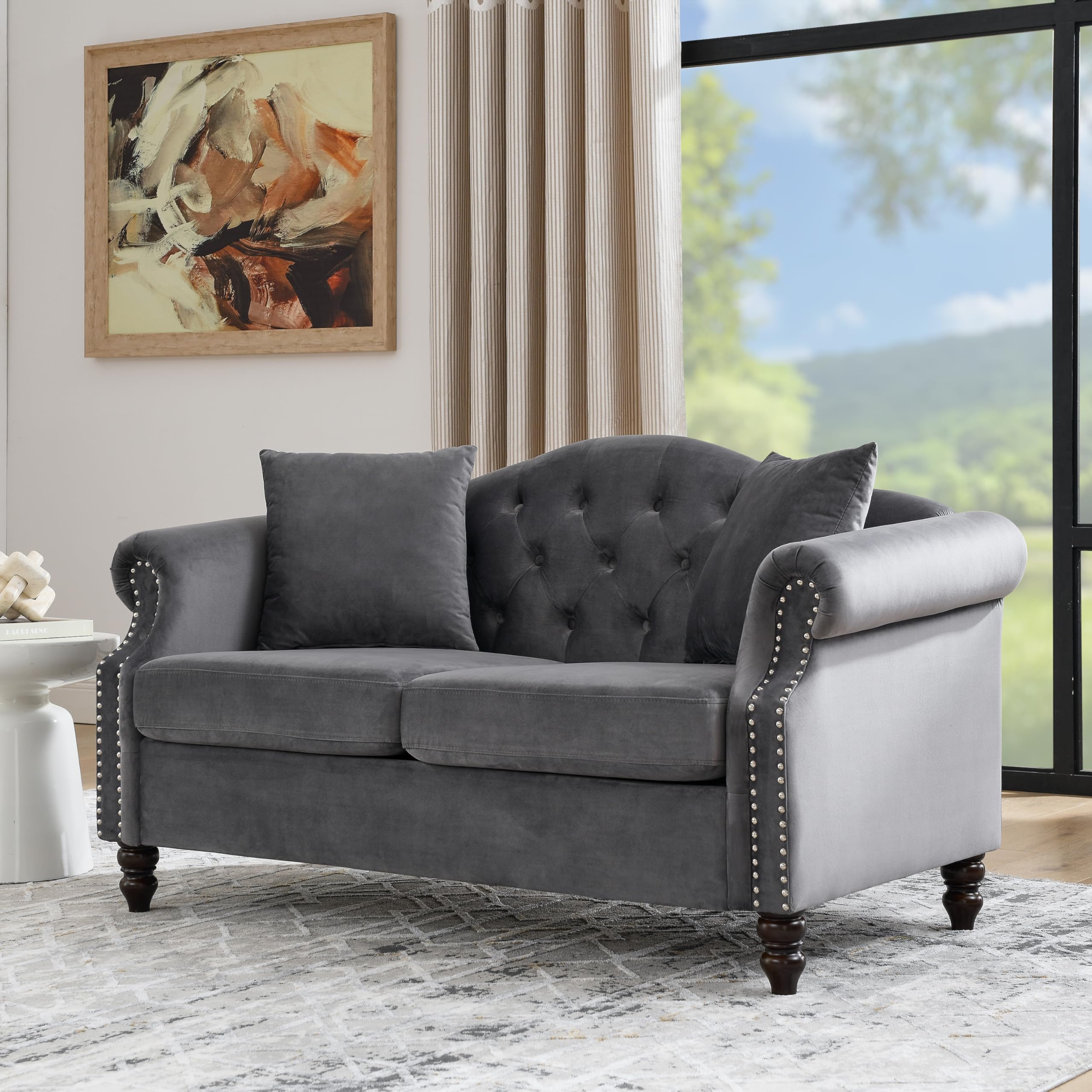 Ucloveria Chesterfield Sofa, 57" Velvet Upholstered Loveseat 2 Seater Sofa Couch with 2 Pillows, Solid Wood Legs, Tufted Futon Sofa with Rolled Arms and Nailhead for Living Room, Office, Apartment