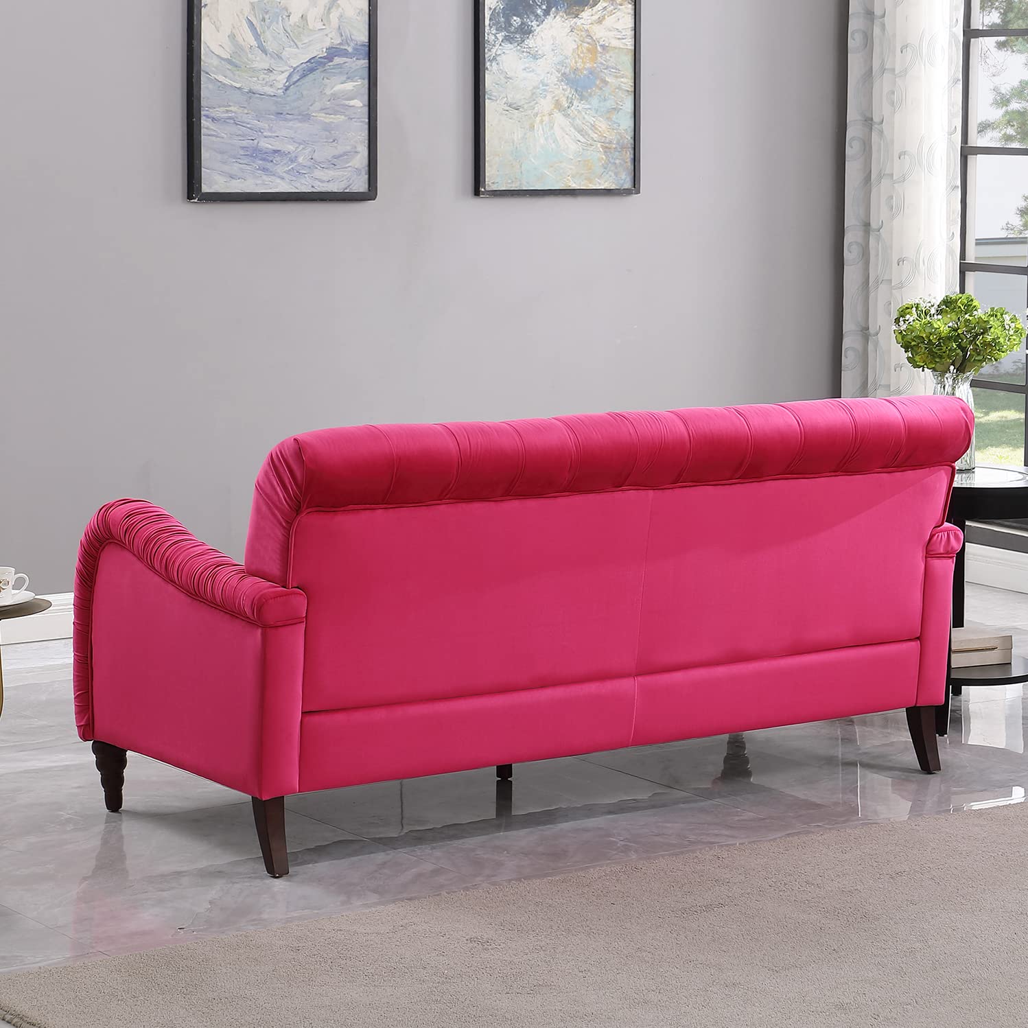 Yoglad Chesterfield-Styled 3 Seater Sofa Couch, Modern 72" Velvet Sofa with Button Tufting, Unique Arm and Wood Legs,Rose Red