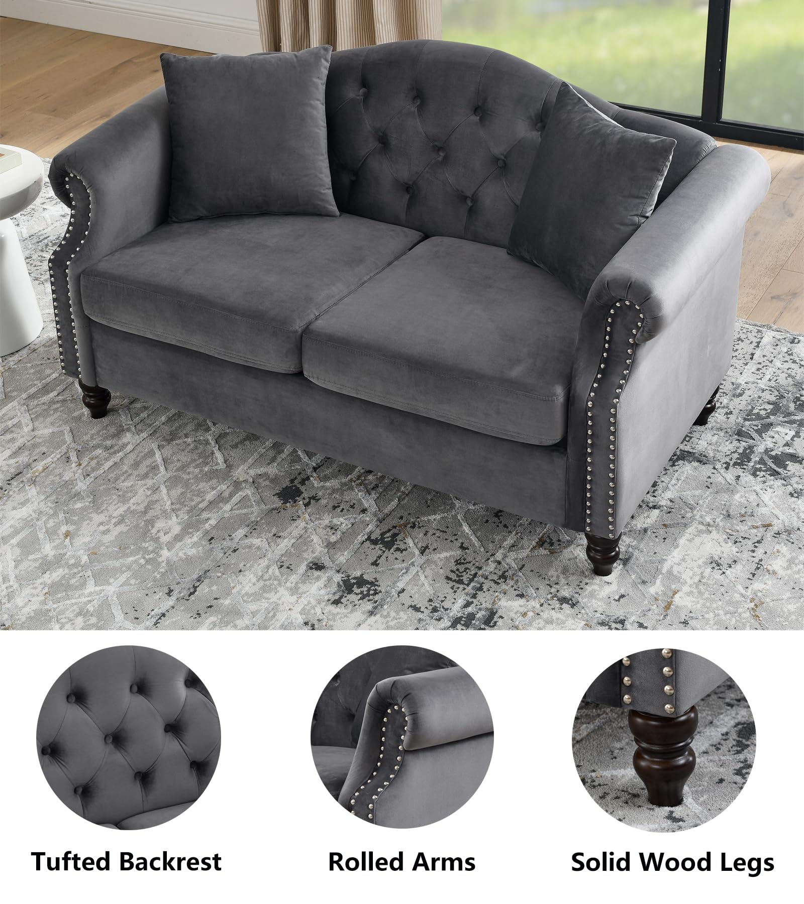 Ucloveria Chesterfield Sofa, 57" Velvet Upholstered Loveseat 2 Seater Sofa Couch with 2 Pillows, Solid Wood Legs, Tufted Futon Sofa with Rolled Arms and Nailhead for Living Room, Office, Apartment