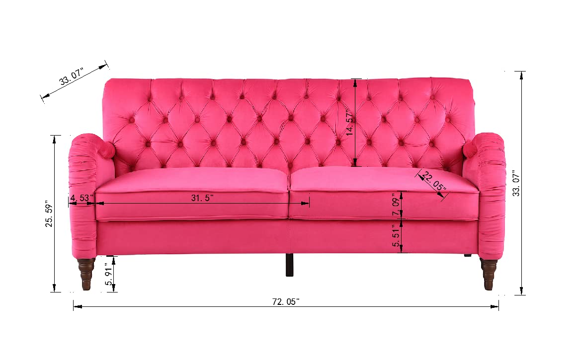 Yoglad Chesterfield-Styled 3 Seater Sofa Couch, Modern 72" Velvet Sofa with Button Tufting, Unique Arm and Wood Legs,Rose Red
