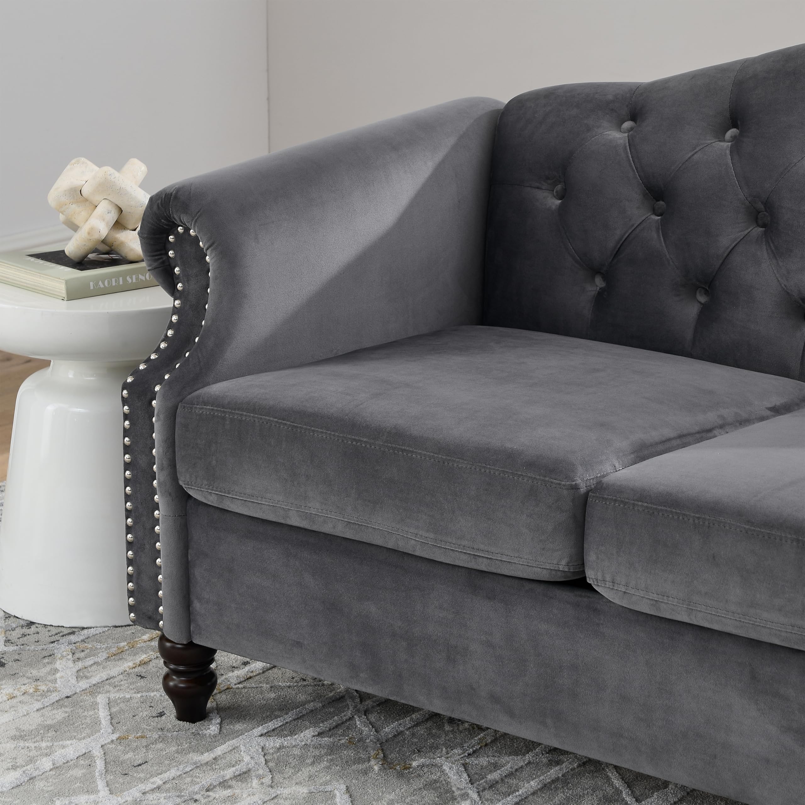 Ucloveria Chesterfield Sofa, 57" Velvet Upholstered Loveseat 2 Seater Sofa Couch with 2 Pillows, Solid Wood Legs, Tufted Futon Sofa with Rolled Arms and Nailhead for Living Room, Office, Apartment