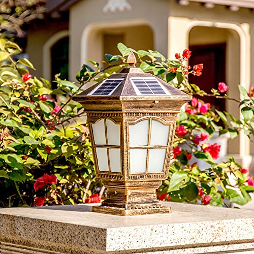 MODEBHD Outdoor Post Light Solar Post Light Auto On/Off Vintage Window Design Die Cast Aluminum Exterior Rainproof Pillar Light Fence Deck Cap Light Lantern Column Lamp for Flat Surface Patio Garden
