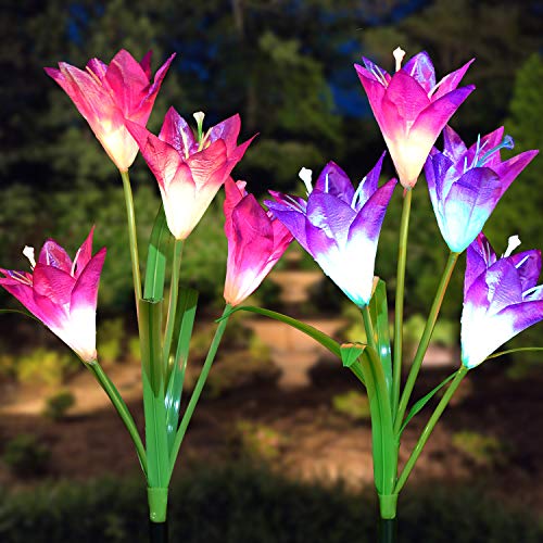 Doingart Outdoor Solar Garden Lights - 2 Pack Solar Powered Lights with 8 Lily Flower, Multi-Color Changing LED Solar Decorative Lights for Gard