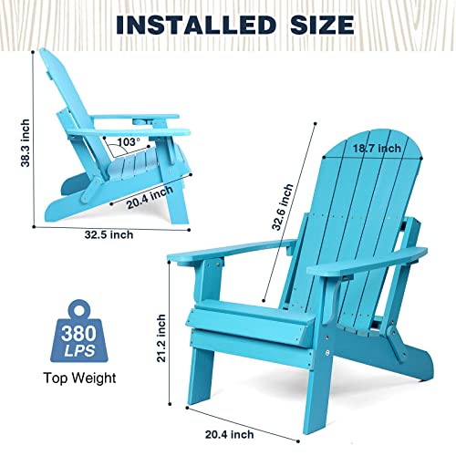 Folding Adirondack Chairs Set of 4, All Weather Resistant Plastic Chair with Cup Holder, Fold or Unfold Easily in 1 Second, Outdoor Chairs for Patio, Garden, Backyard Deck, Lawn, Fire Pit - Lake Blue