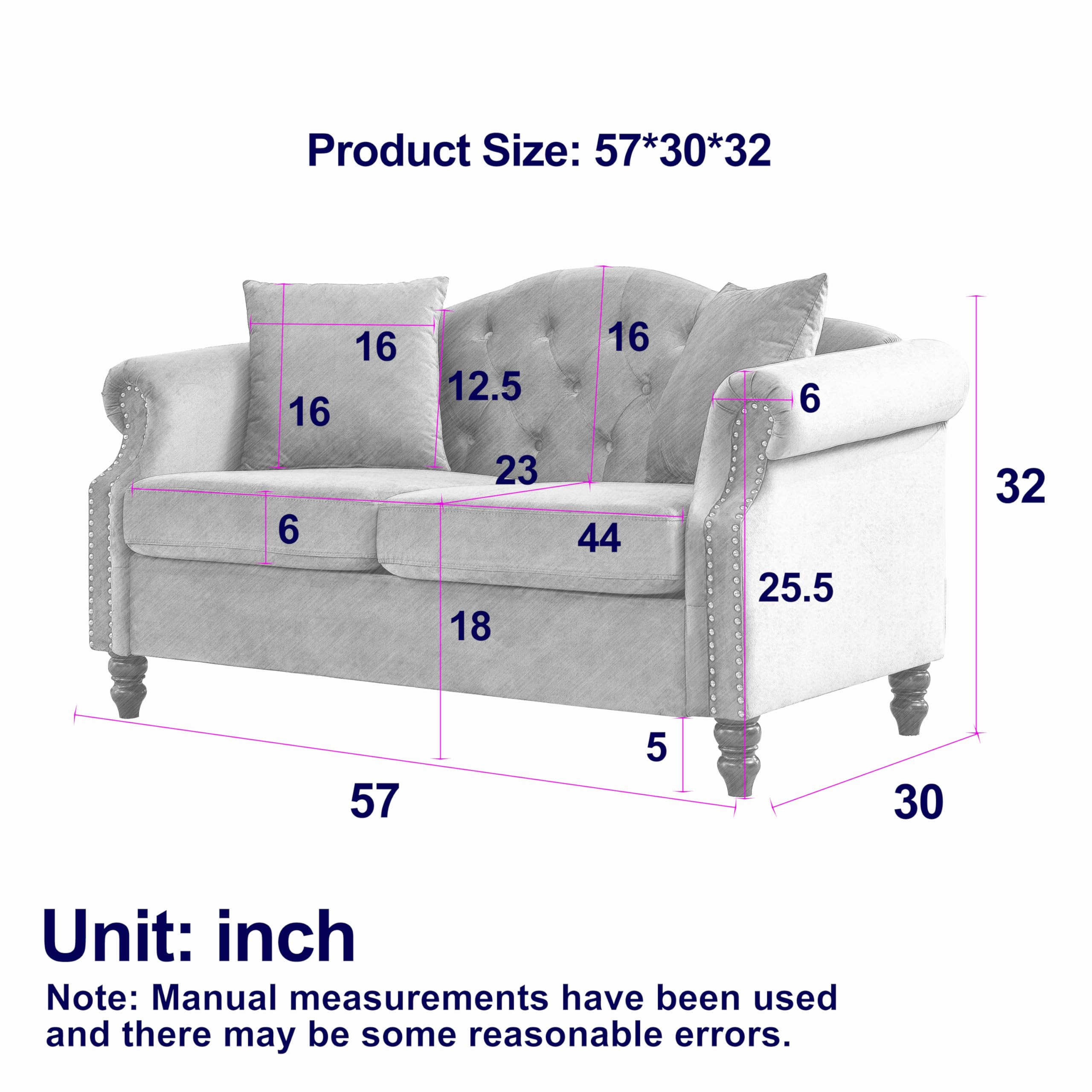 Ucloveria Chesterfield Sofa, 57" Velvet Upholstered Loveseat 2 Seater Sofa Couch with 2 Pillows, Solid Wood Legs, Tufted Futon Sofa with Rolled Arms and Nailhead for Living Room, Office, Apartment