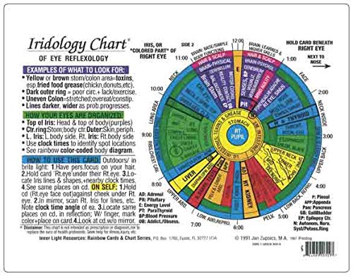 IRIDOLOGY CHART of EYE Reflexology (Rainbow Coded) in the Inner Light Resources Rainbow® Cards & Charts Series. 8.5 x 11 in. (Small Poster/ Large Card)