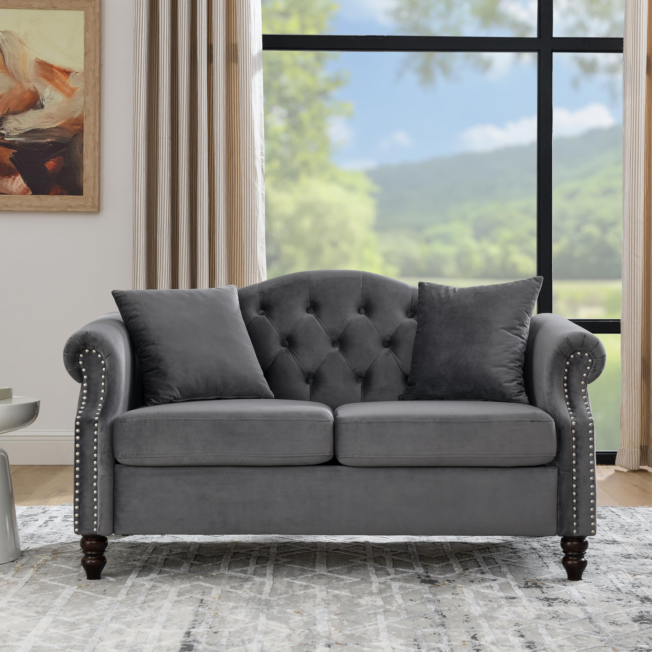 Ucloveria Chesterfield Sofa, 57" Velvet Upholstered Loveseat 2 Seater Sofa Couch with 2 Pillows, Solid Wood Legs, Tufted Futon Sofa with Rolled Arms and Nailhead for Living Room, Office, Apartment
