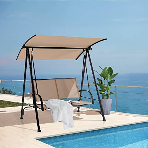 Tangkula 2 Person Porch Swing, Patio Swing with Adjustable Canopy, Comfortable Fabric Seat & Heavy-Duty Steel Frame, Outdoor Canopy Swing for Patio, Garden, Poolside (Beige)