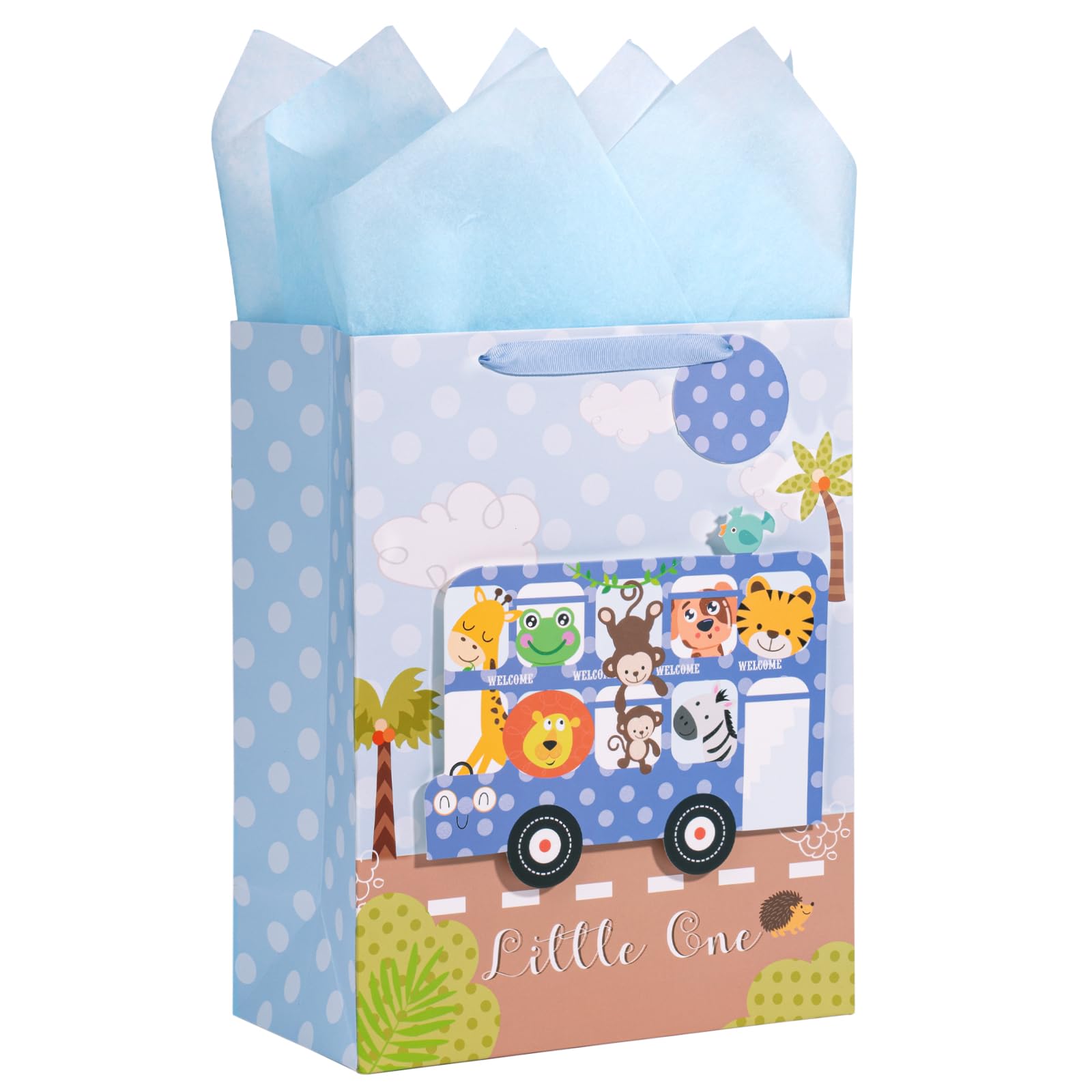 LeZakaa 16" Large Gift Bag with Tissue Paper,Hello Baby Gift Tag and Greeting Card, Purple Gift Bag with Sleeping Elephant Design for Baby Shower