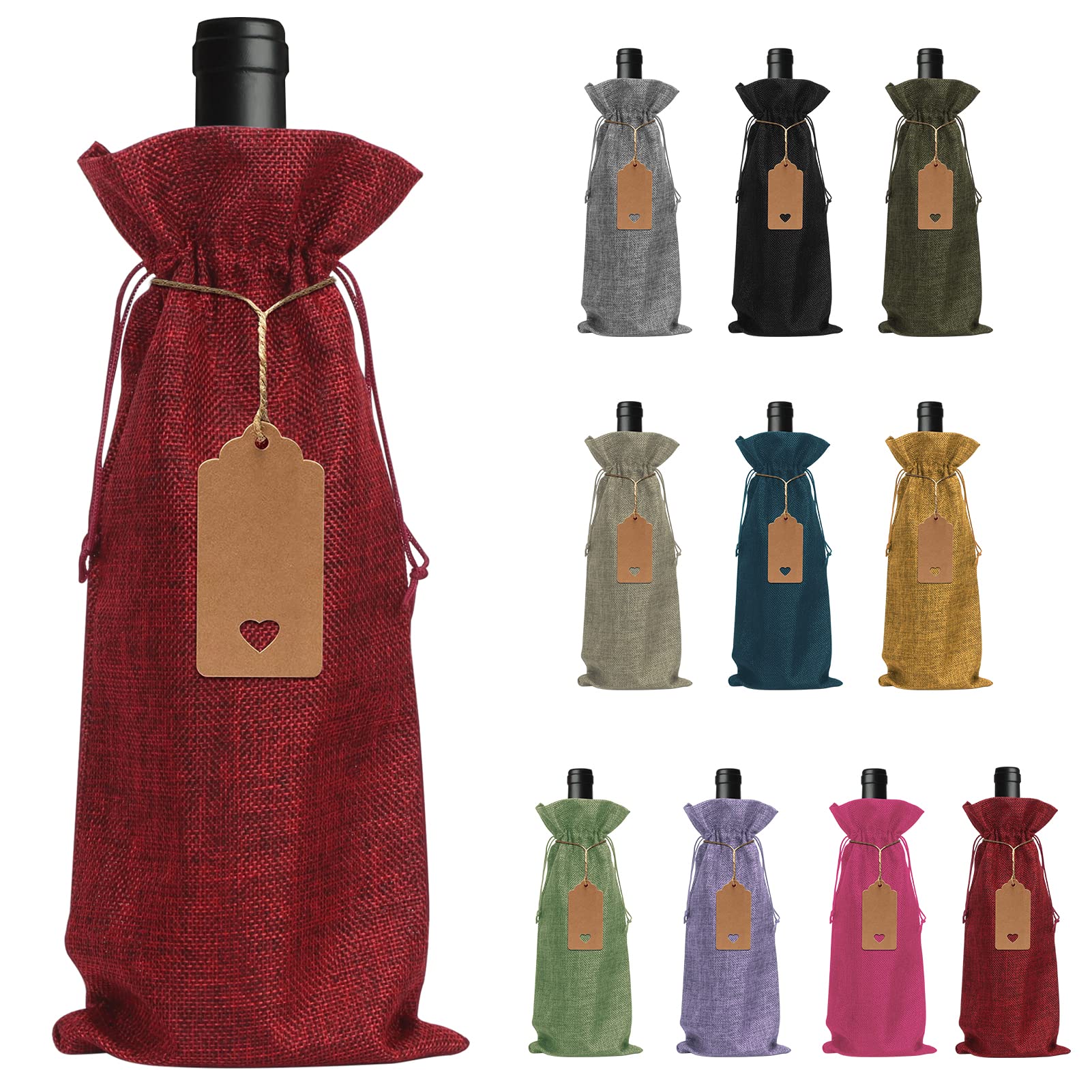 FYY Burlap Wine Gift Bags, 10 Pcs Christmas Wine Bottle Cover with Drawstring, 10 Tags and Ropes for Christmas, Wedding, Birthday, Holiday Party