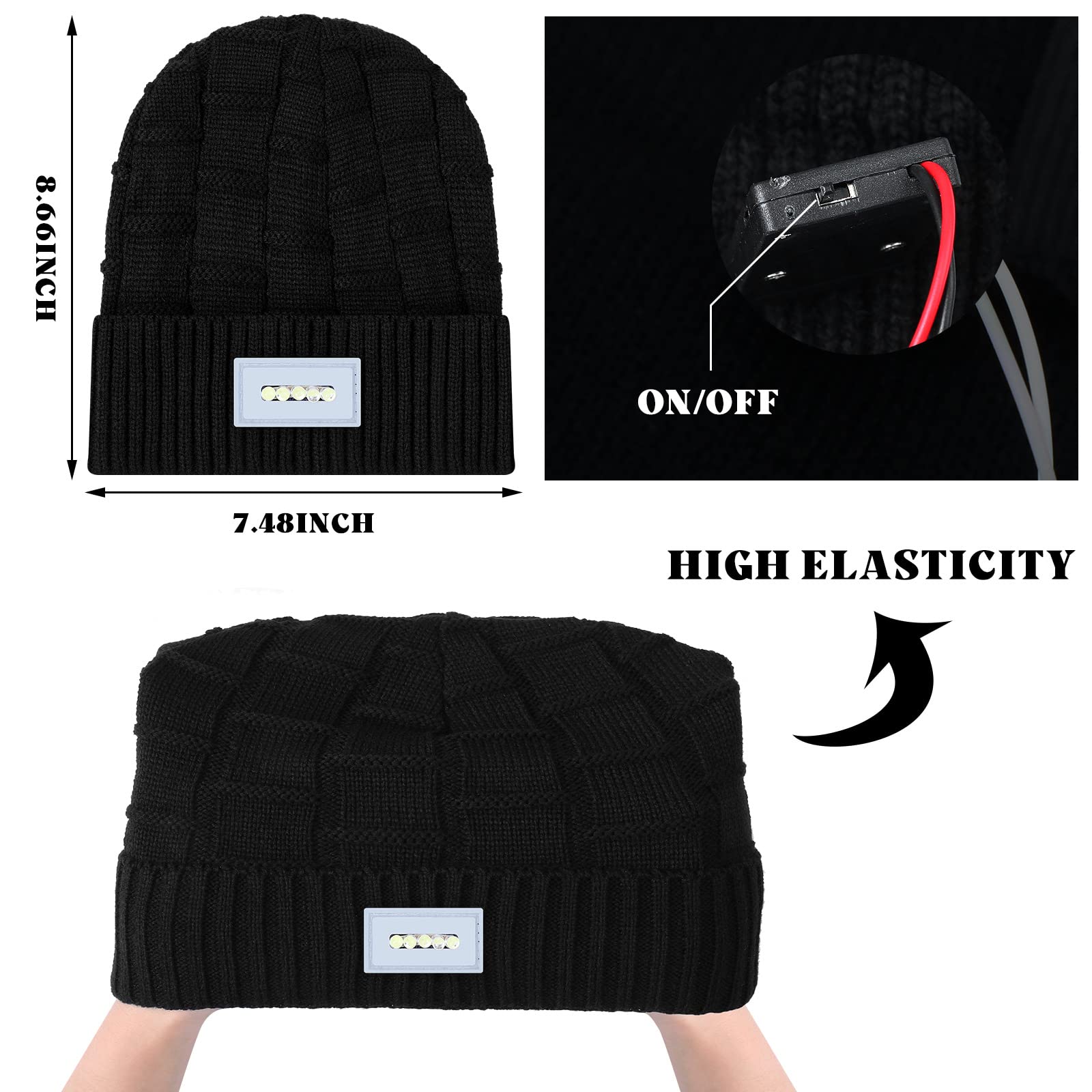 2 Pcs Beanie with Light 5 LED Beanie Hat Cool Stuff for Men Cool Camping Gadgets for Women Adult Knitted LED Stocking Cap Headlamp Winter Hat Christmas Stocking Stuffers Gifts, Battery Powered