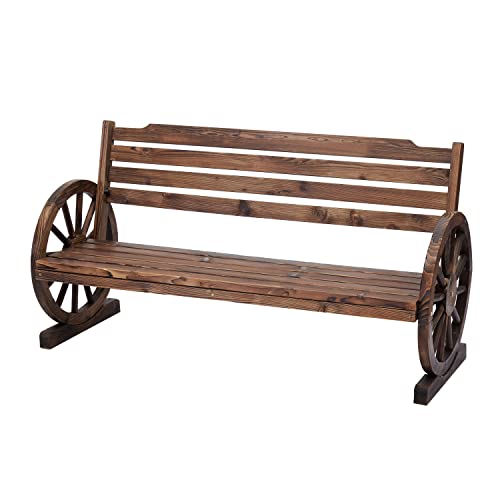 J-SUN-7 Outdoor Rustic Bench 2-Person Wood Wagon Wheel Bench with Backrest Wood Patio Bench for Backyard, Garden