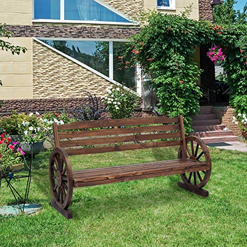 J-SUN-7 Outdoor Rustic Bench 2-Person Wood Wagon Wheel Bench with Backrest Wood Patio Bench for Backyard, Garden