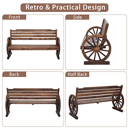J-SUN-7 Outdoor Rustic Bench 2-Person Wood Wagon Wheel Bench with Backrest Wood Patio Bench for Backyard, Garden