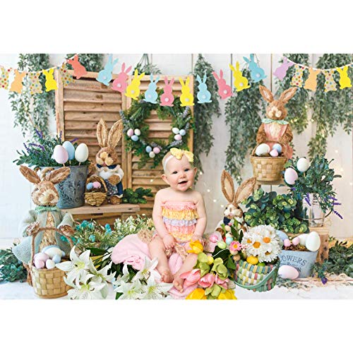 Swepuck 7x5ft Durable Fabric Easter Backdrop Spring Garden Rabbit Decoration Flower Stand Photography Background Bunny Flag Party Supplies Newborn Baby Portrait Photo Booth Props